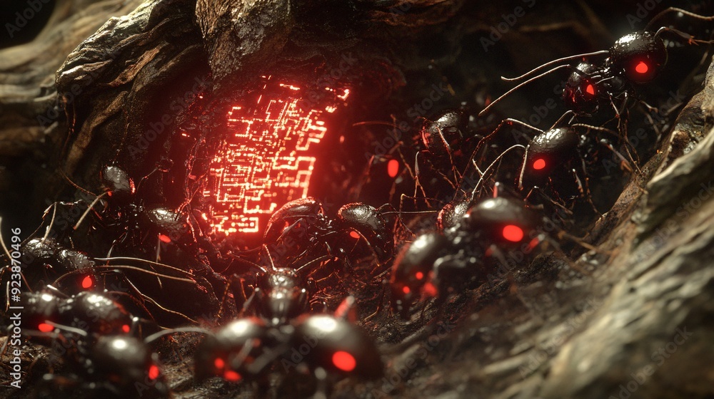A colony of ants works tirelessly within a giant, transparent anthill ...