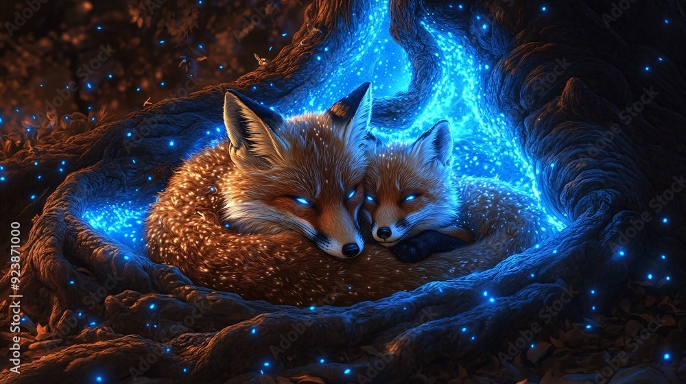 A family of foxes curls up together in their den beneath the roots of a ...