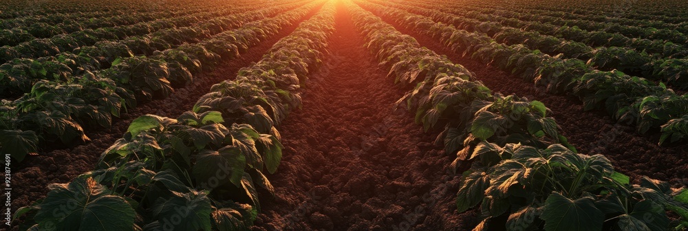 Golden Hour in the Bean Field - Rows of bean plants stretch towards the ...