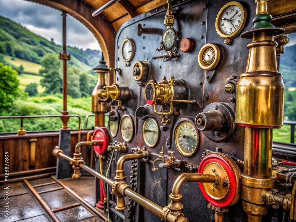 Vintage steam locomotive train controls in intricate detail, showcasing ...