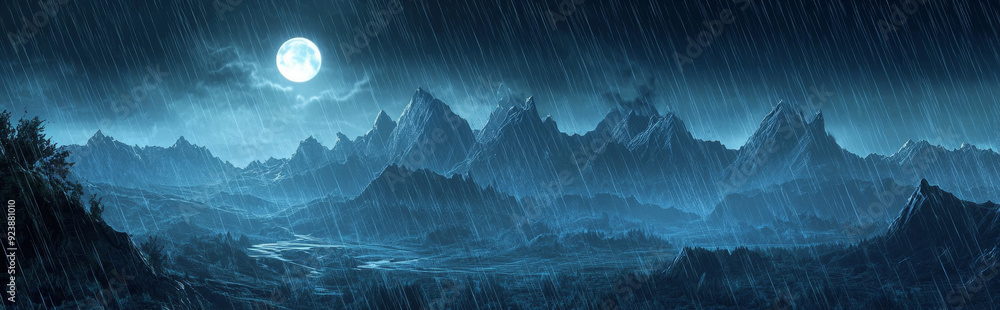 Mystical Mountain Range Under Moonlight Rain - A serene mountain range ...