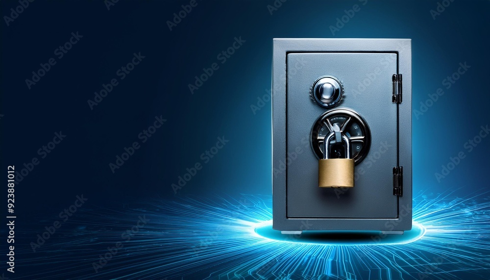Safe with floating digital locks, representing secure money financial ...