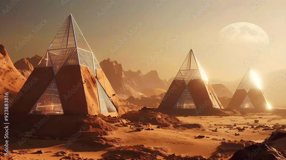 Abstract 3d art with a surreal futuristic space colony in pyramid ...