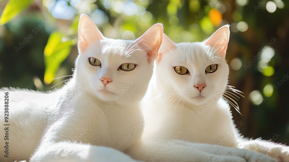 Sweet Khao Manee cats with their pure white coats and striking eye colors, relaxing in a sunny ...