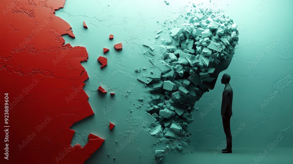 A silhouetted figure confronts a crumbling wall in the shape of a head ...