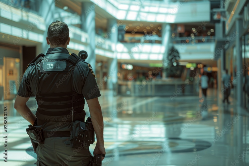 Security guard watches over mall entrance. Safe shopping environment ...