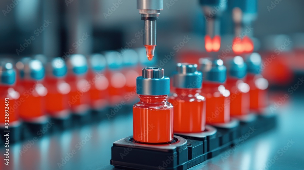 Precision filling of orange liquid in vials within a laboratory setting ...