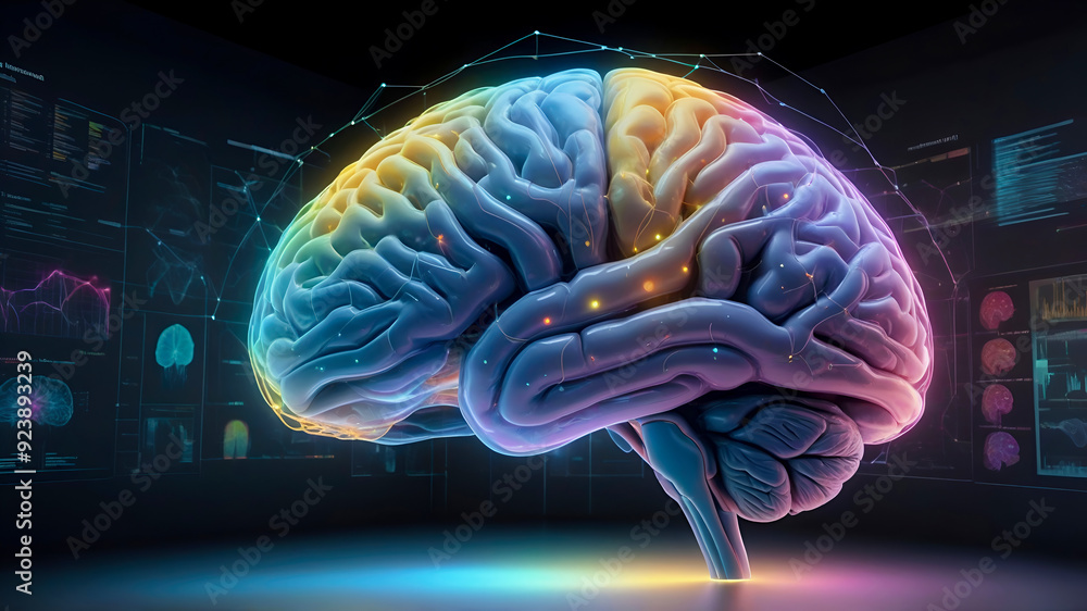 Holographic projection of AI human brain, with neural pathways lighting ...