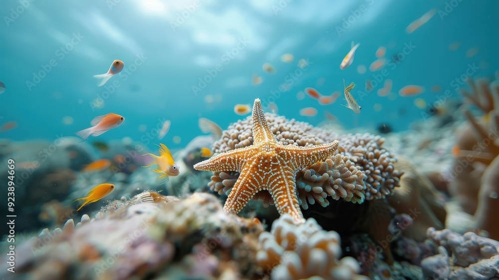 Starfish interacting with small fish in warm waters of Great Barrier ...