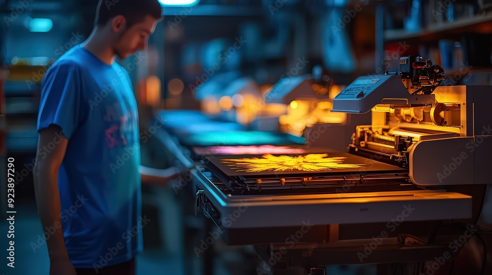 worker overseeing a printing press in a dimly lit industrial setting ...