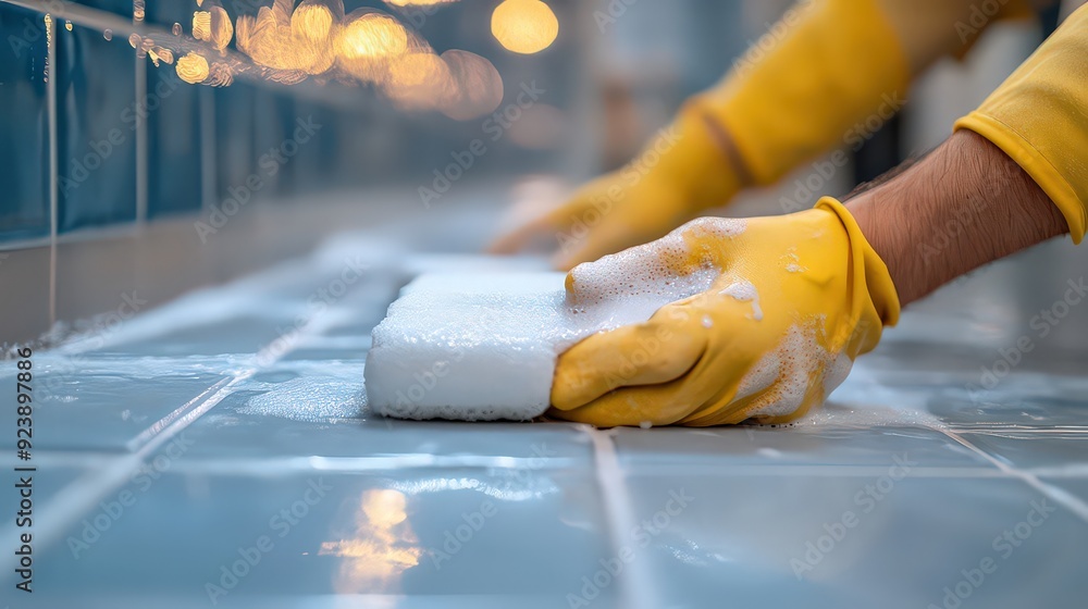 Applying grout between tiles to fill gaps and secure the tiles in place ...