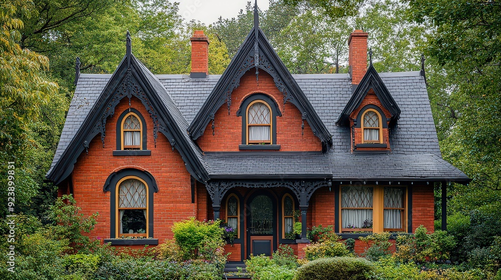 prominent gabled roof with decorative trim and exposed rafters, giving ...