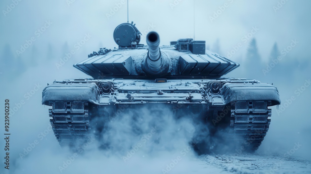 Tank engine revving in a cold environment, with visible exhaust ...