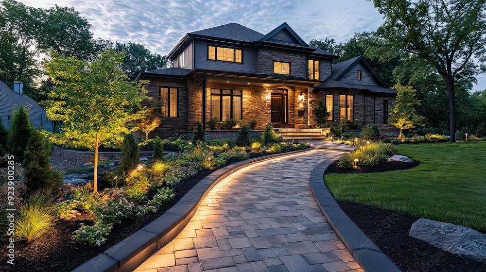 neatly paved entry pathway leading to the front door, bordered by ...
