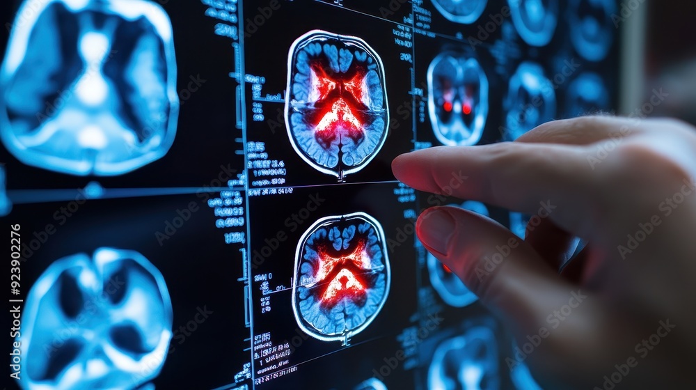 Detailed view of brain scans being analyzed, highlighting areas of ...
