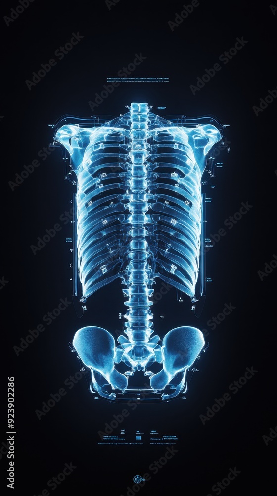 Detailed X-ray image of a human skeleton highlighting the rib cage and ...