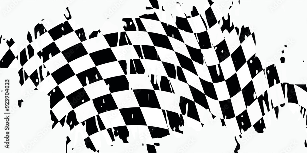 Grunge race flag, isolated vector monochrome banner for motocross sports tournament or car rally ...