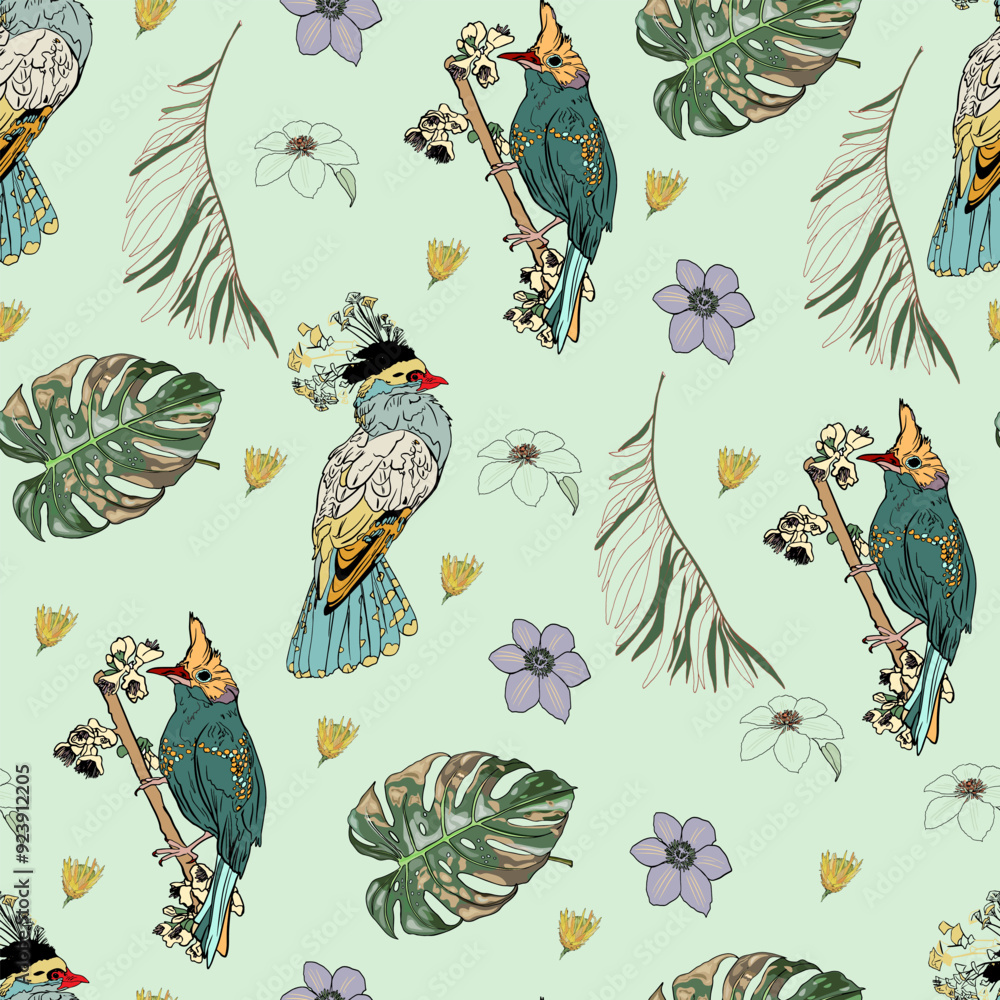 Vector seamless illustration of paradise and tropical birds in colors ...