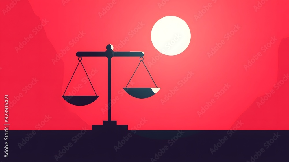 Scales of justice against a red sunset background. The scales are ...
