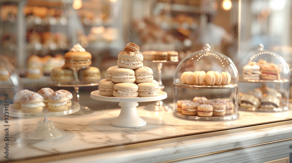 Elegant display case with macarons arranged on different levels under ...