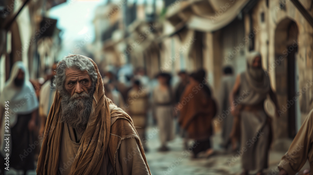 The apostle Peter in ancient town Galilee, surrounded by people in ...