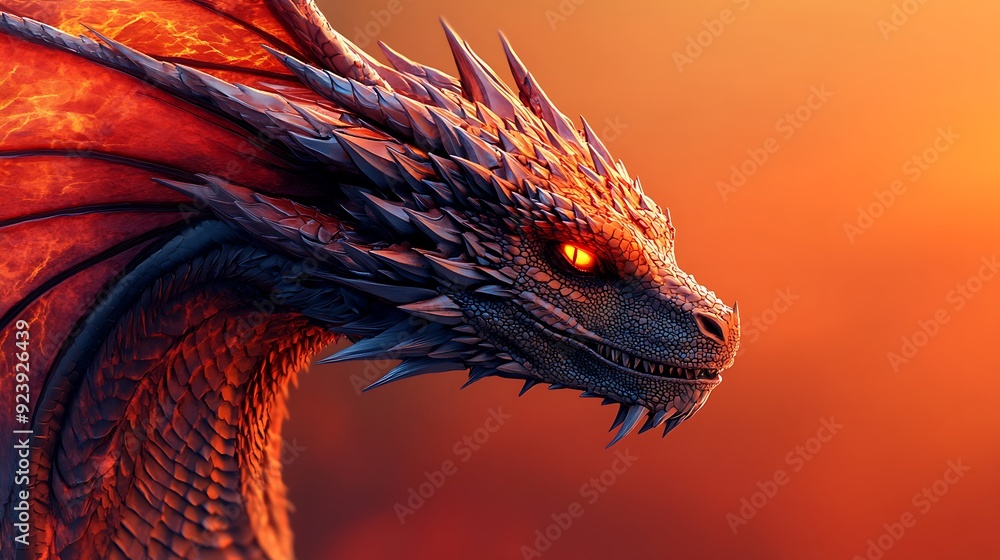 Intense Dragon Profile: 3D Illustrated Mythical Creature with Fiery ...