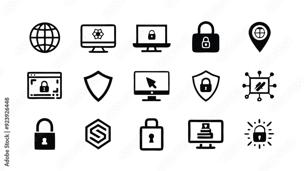 A set of cybersecurity icons including a globe, a computer monitor, a ...