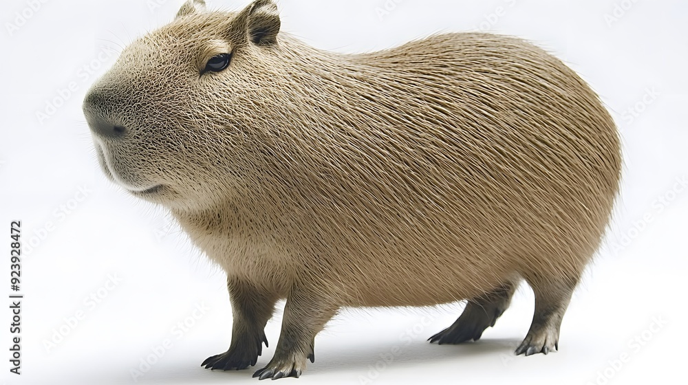 Side view of a capybara standing, showing its full body profile, on a ...