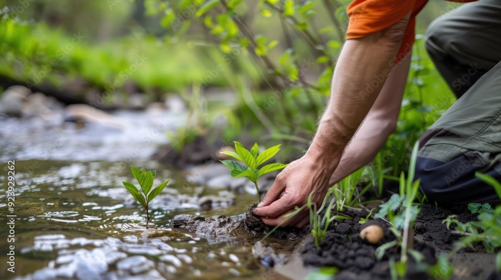 Planting saplings along a riverbank, riparian reforestation, habitat ...