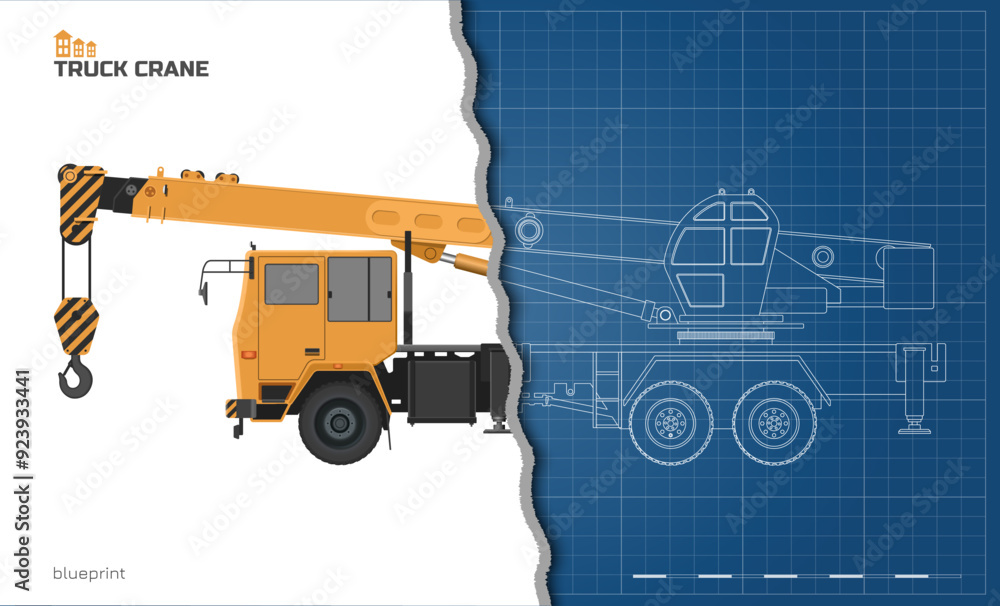 Truck crane industrial blueprint. Side view of 3d machine. Hydraulic ...
