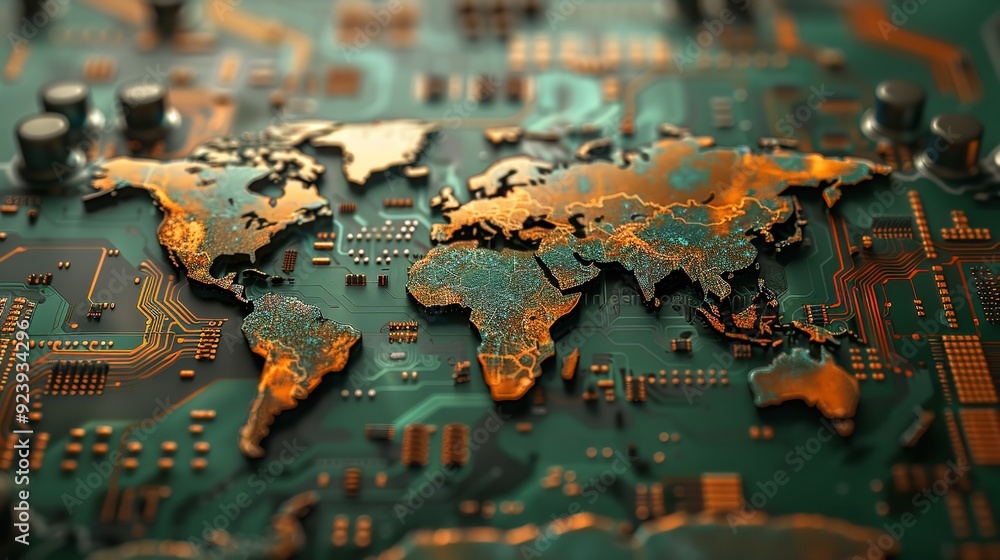 Global Connectivity Illuminated Circuit Board World Map Capturing the ...