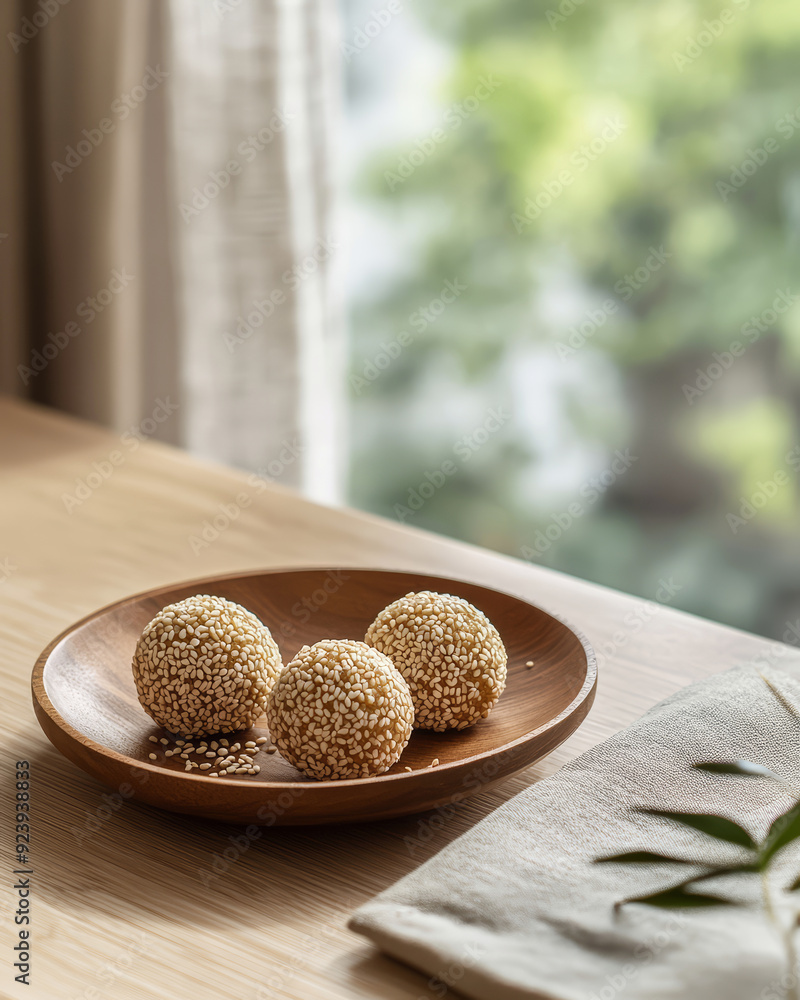 Chinese sesame seed balls traditional street food. Glutinous rice flour ...