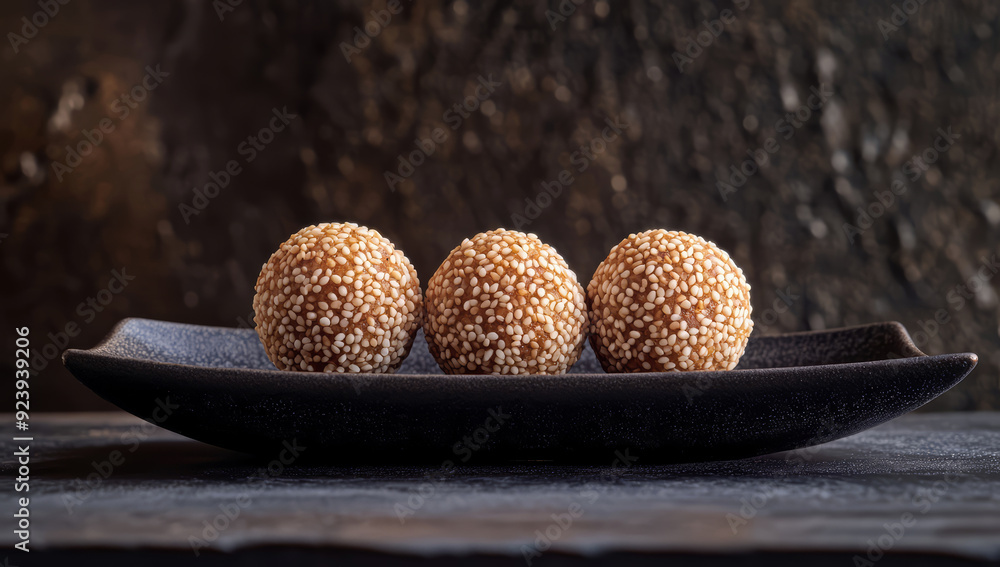 Chinese sesame seed balls traditional street food. Glutinous rice flour ...