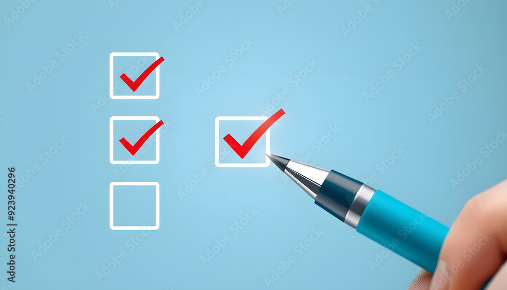 Vibrant FloBusinessman use pen to tick correct sign mark in checkbox ...