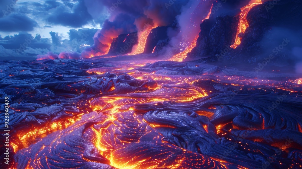 Bioluminescent Lava Rivers: Rivers of lava glowing with bioluminescent ...