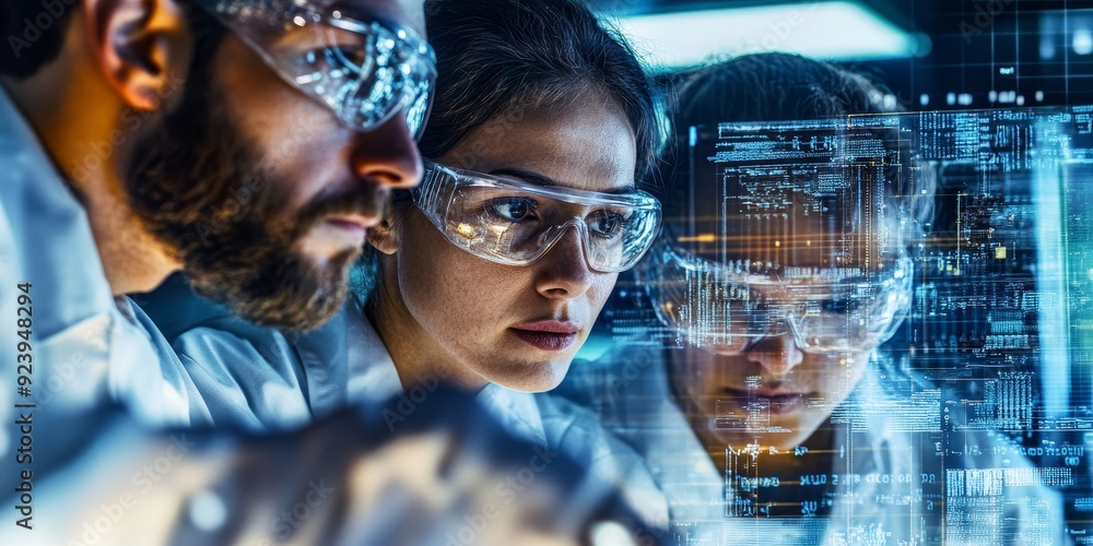 Three scientists in a close-up shot reviewing complex digital ...