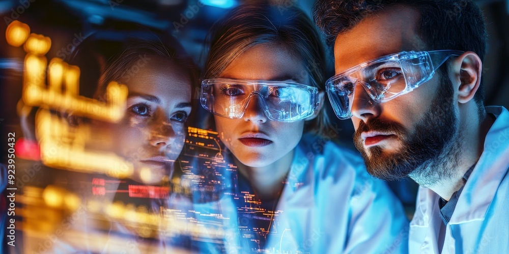 Three scientists in a close-up shot reviewing complex digital ...