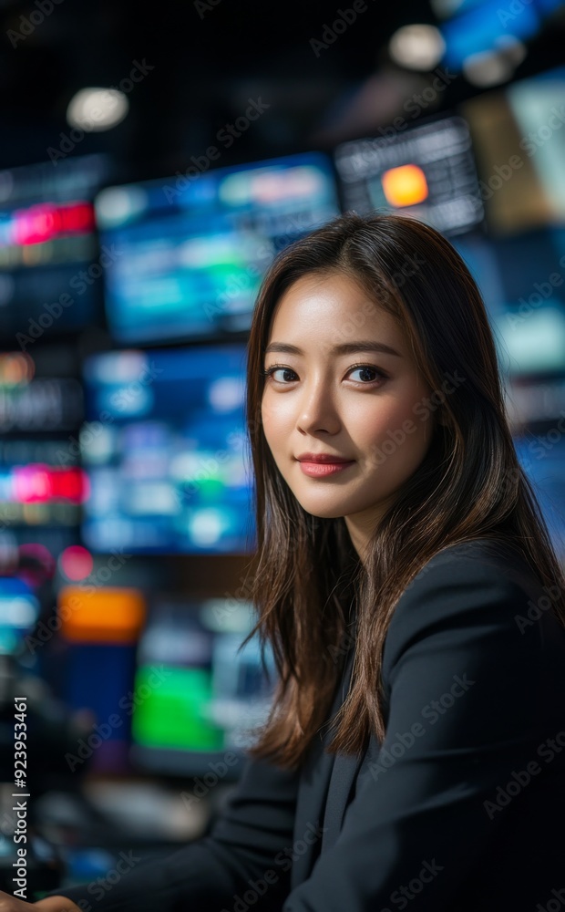 Asian Female News Anchor Seated in a Television Studio Reporting ...