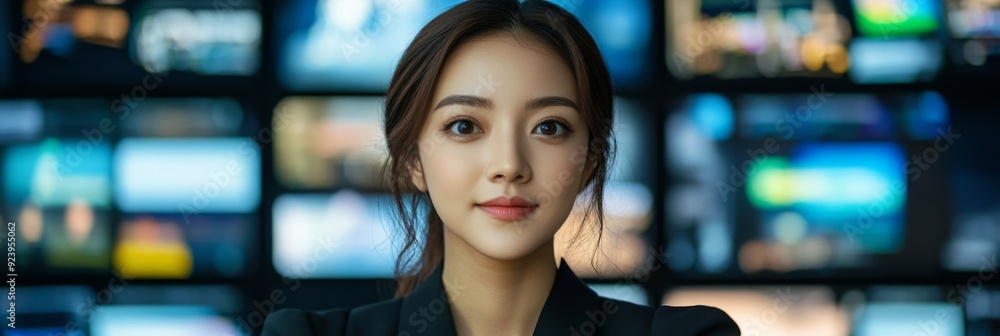 Asian Female News Anchor Seated in a Television Studio Reporting ...