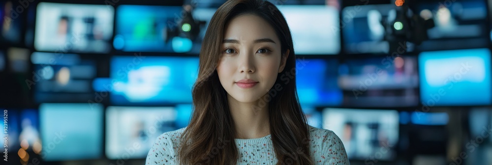 Asian Female News Anchor Seated in a Television Studio Reporting ...