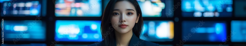 Asian Female News Anchor Seated in a Television Studio Reporting ...