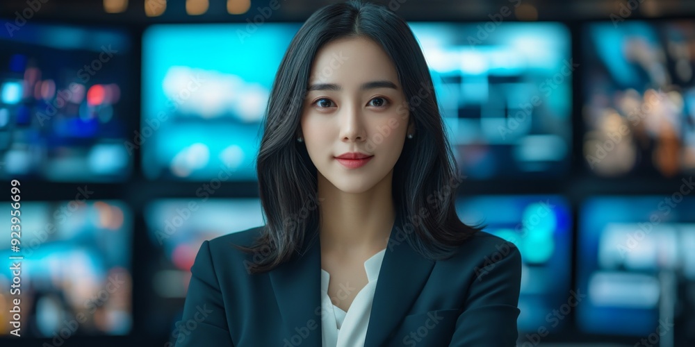 Asian Female News Anchor Seated in a Television Studio Reporting ...