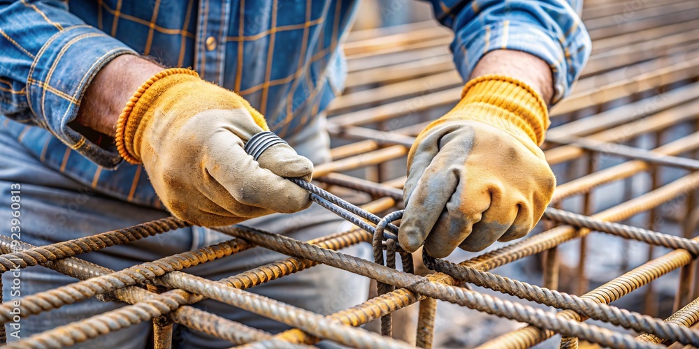 Skilled Construction Worker Tying Rebar. A close-up view of a ...