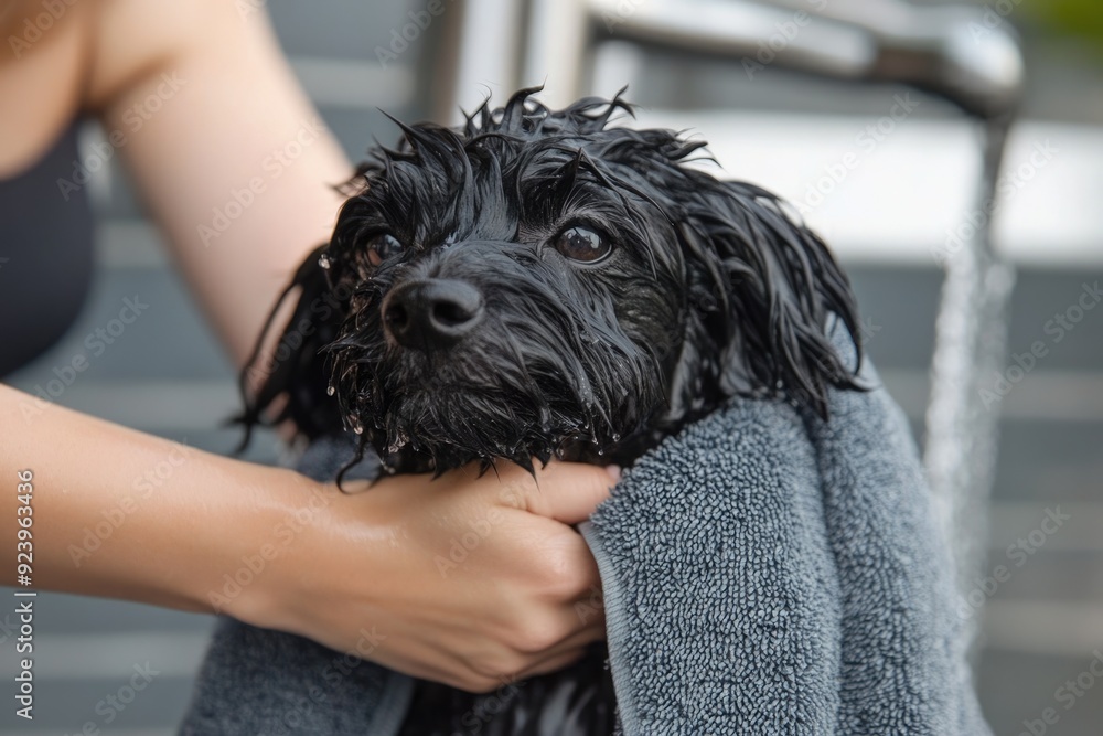Towel Drying Dog. Woman Showering and Cleaning Wet Black Dog with Towel ...