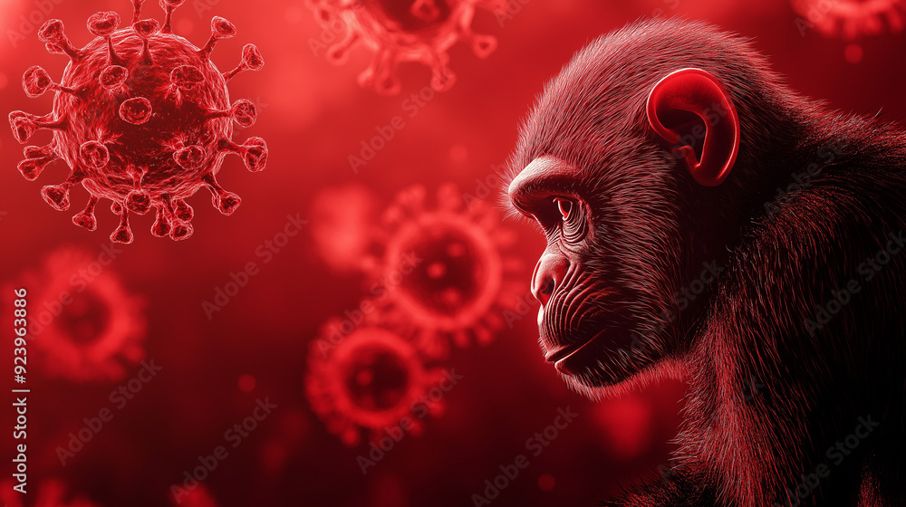 Chimpanzee facing red monkeypox virus particles, mpox outbreak ...