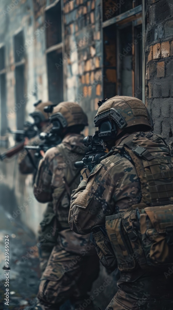 Soldiers in tactical gear using guerrilla tactics in a siege, military ...