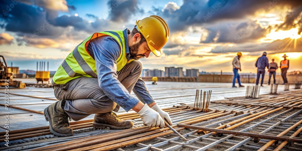 Construction Worker Assembling Rebar on Rooftop at Sunset, Construction ...