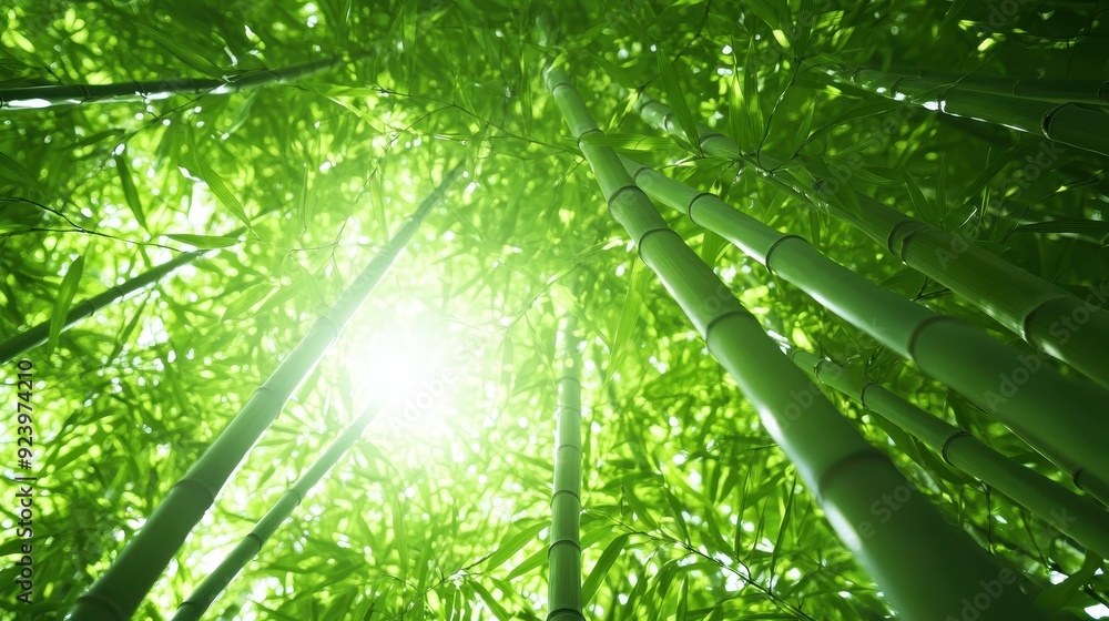 Looking up through the tall and dense green bamboo stalks towards the ...