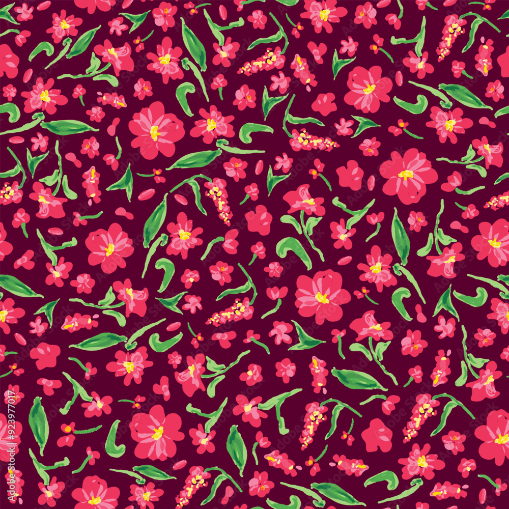 Watercolor flowers with leaves seamless repeat pattern. Random placed ...