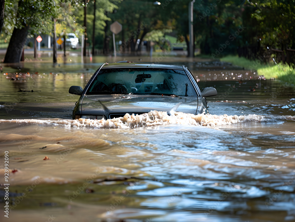 Car trapped in rising floodwaters on a submerged road, danger of flash ...